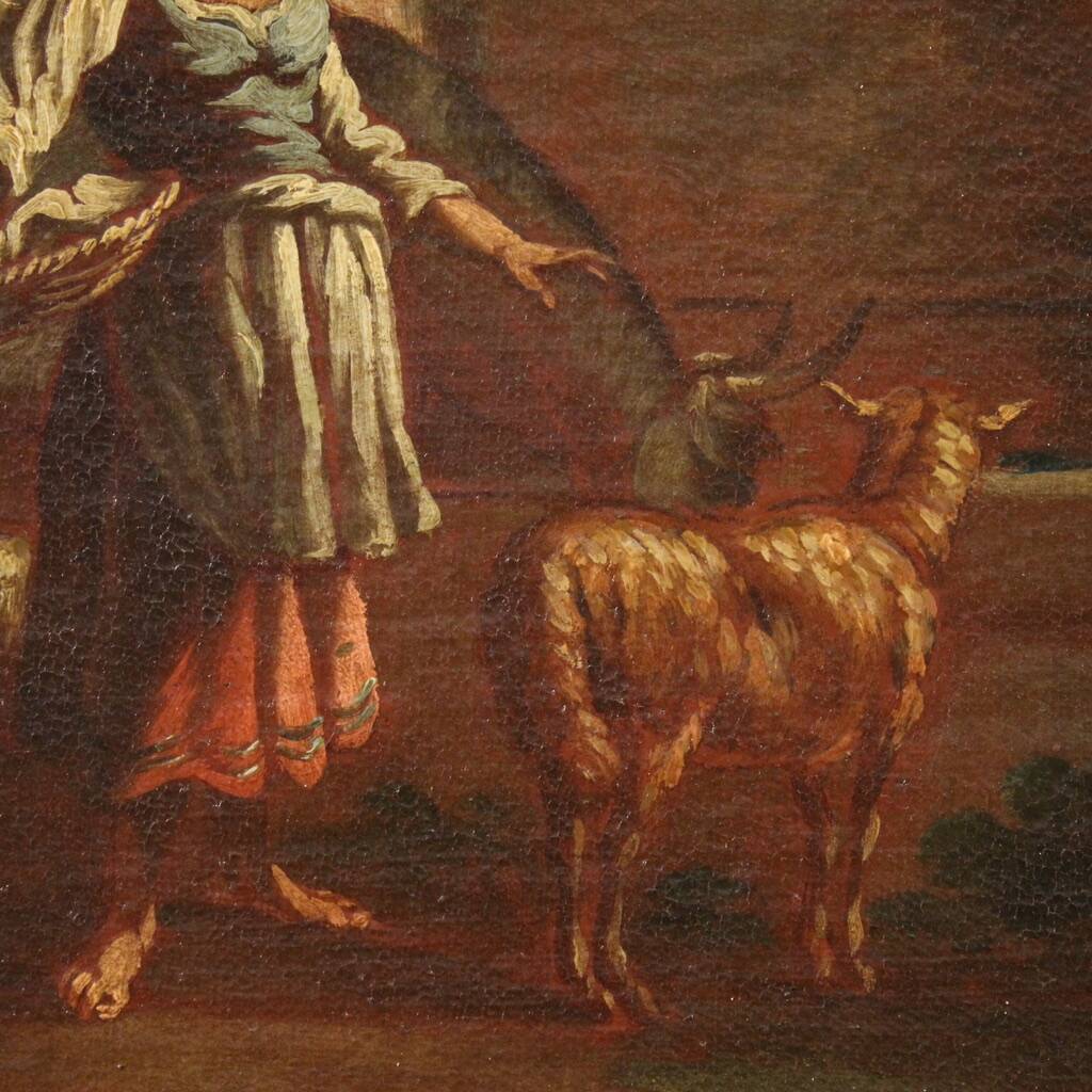 Peinture bucolique du XVIIe siècle avec des figures, scène pastorale ...