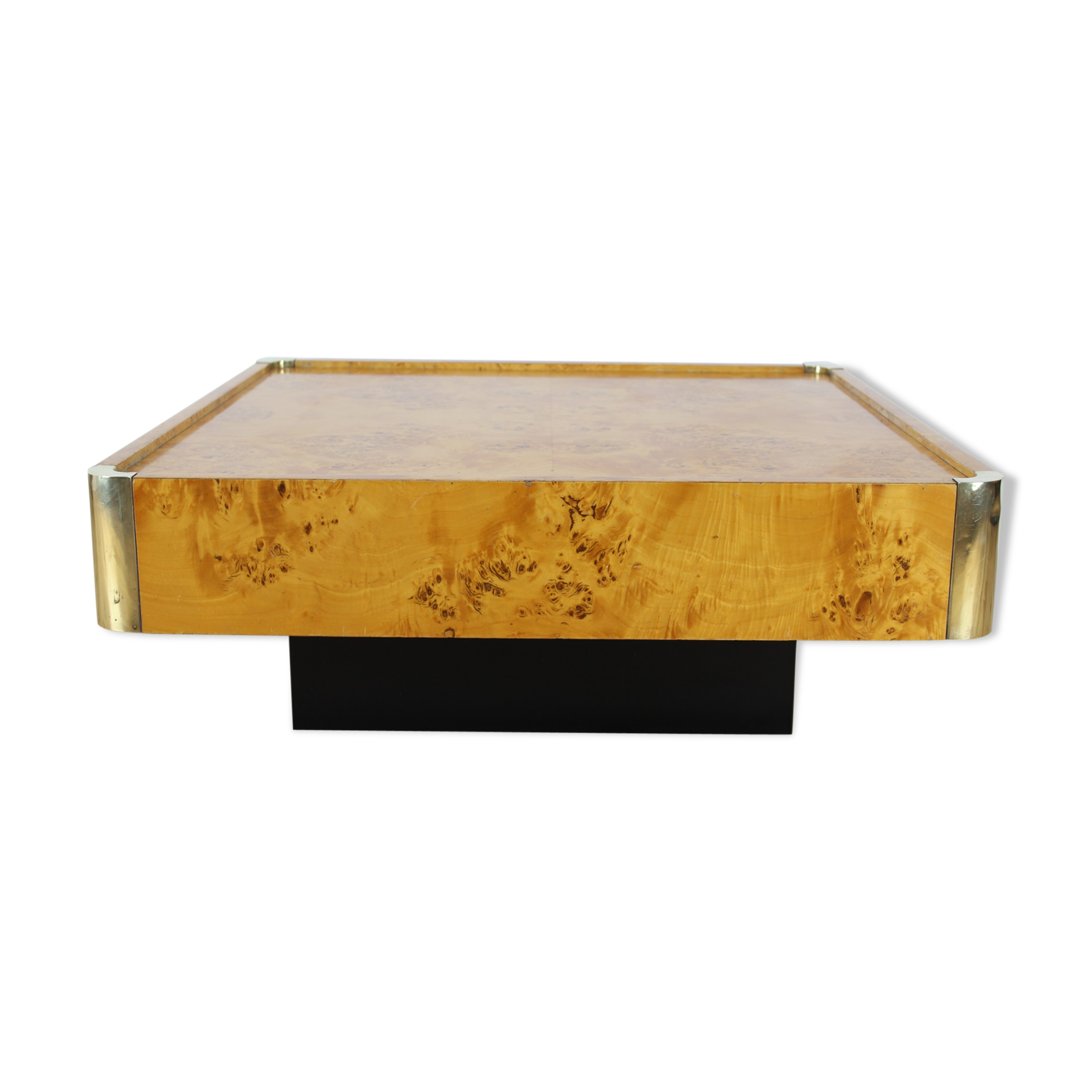 Table basse en loupe d'orme et laiton, 70's | Selency