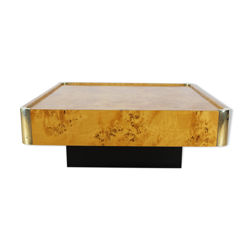 Table basse en loupe d'orme et laiton, 70's | Selency