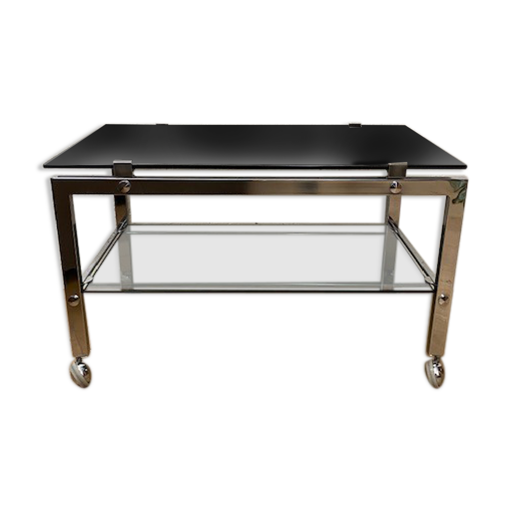 Table basse vintage sur roulette en chrome et verre fumé | Selency