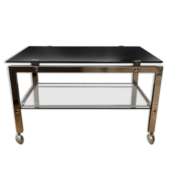 Table basse vintage sur roulette en chrome et verre fumé | Selency