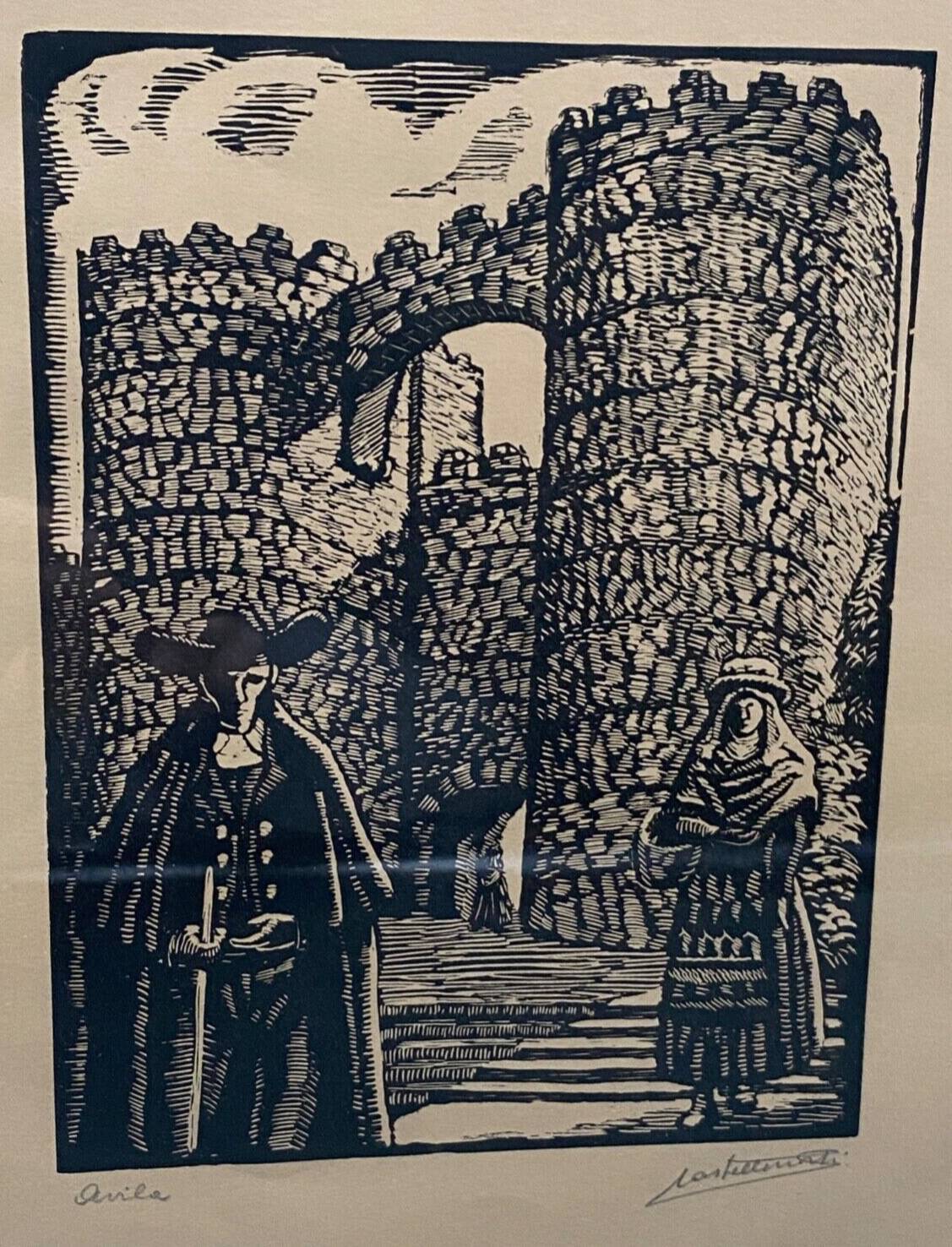 Gravure Juan Castells Marti noir blanc deux personnages espagnols | Selency