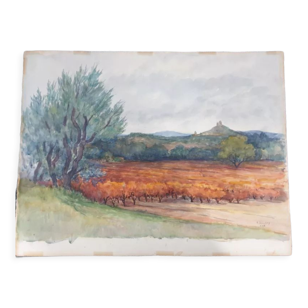 Aquarelle sur papier "Paysage de campagne, Aveyron?" Signée en bas André Duculty (1912-1990 ...