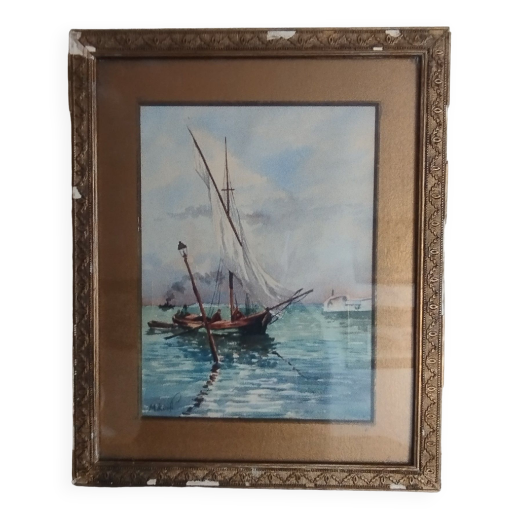 Tableau Aquarelle "Marine " peinture d'époque 19ème, signée. | Selency