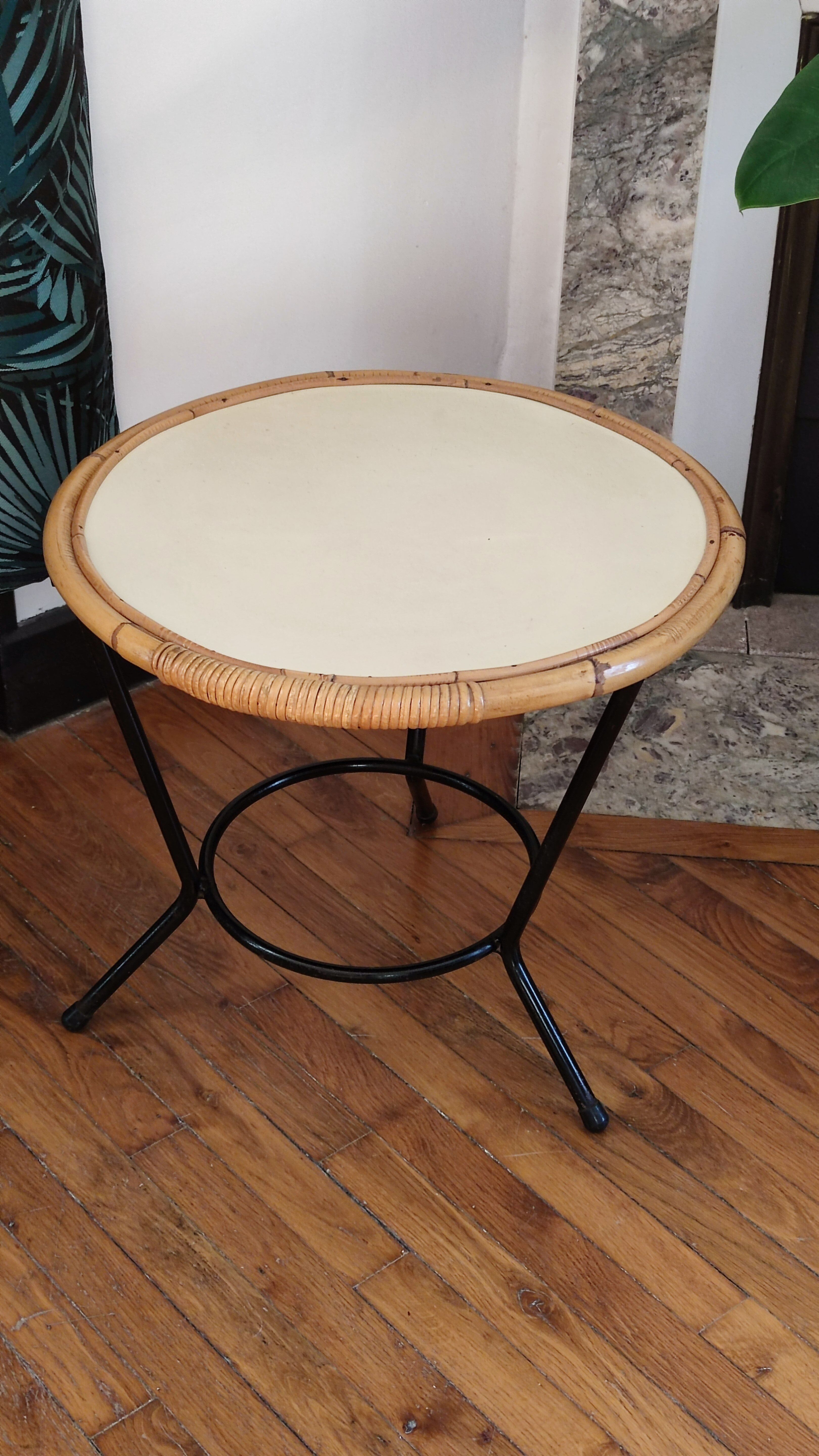 Table tripode métal et rotin | Selency