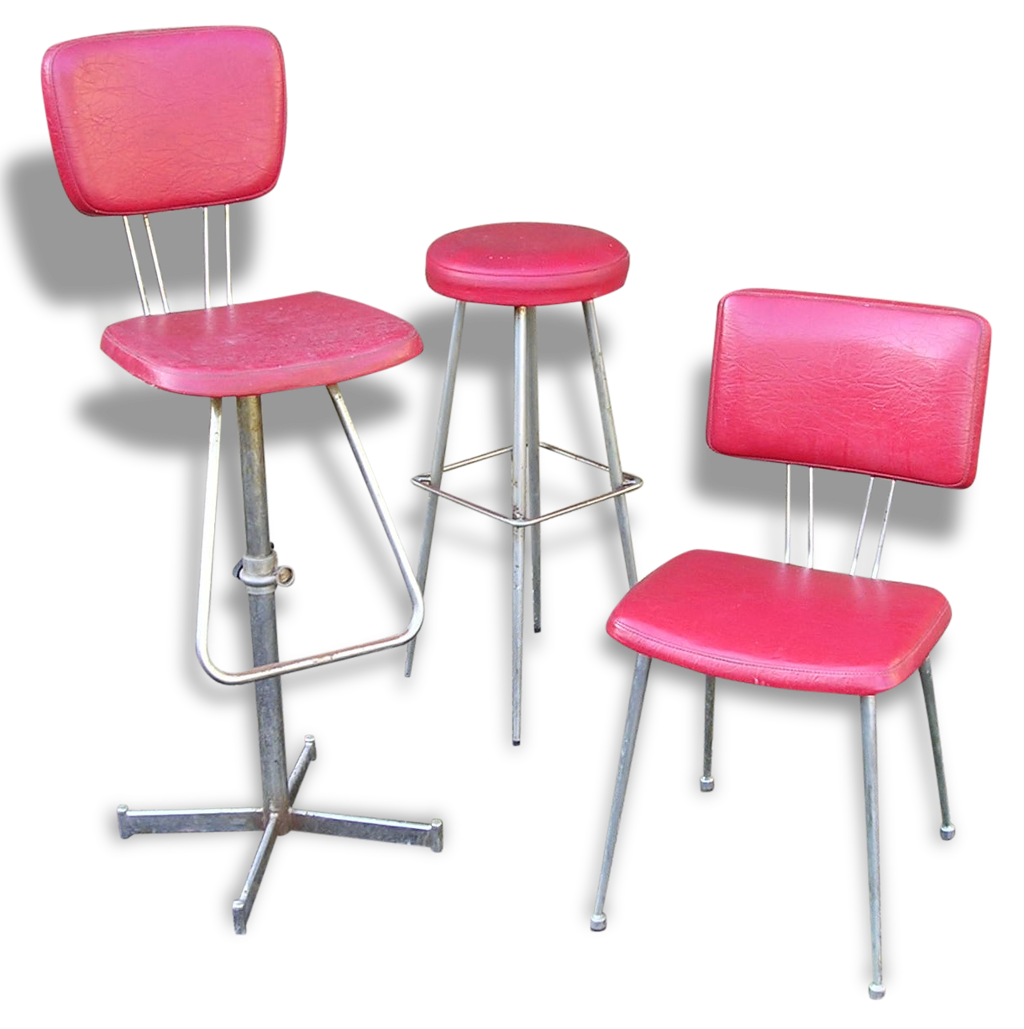 Ensemble de 3 sièges de bar 1960-70 métal chromé et skai rouge | Selency