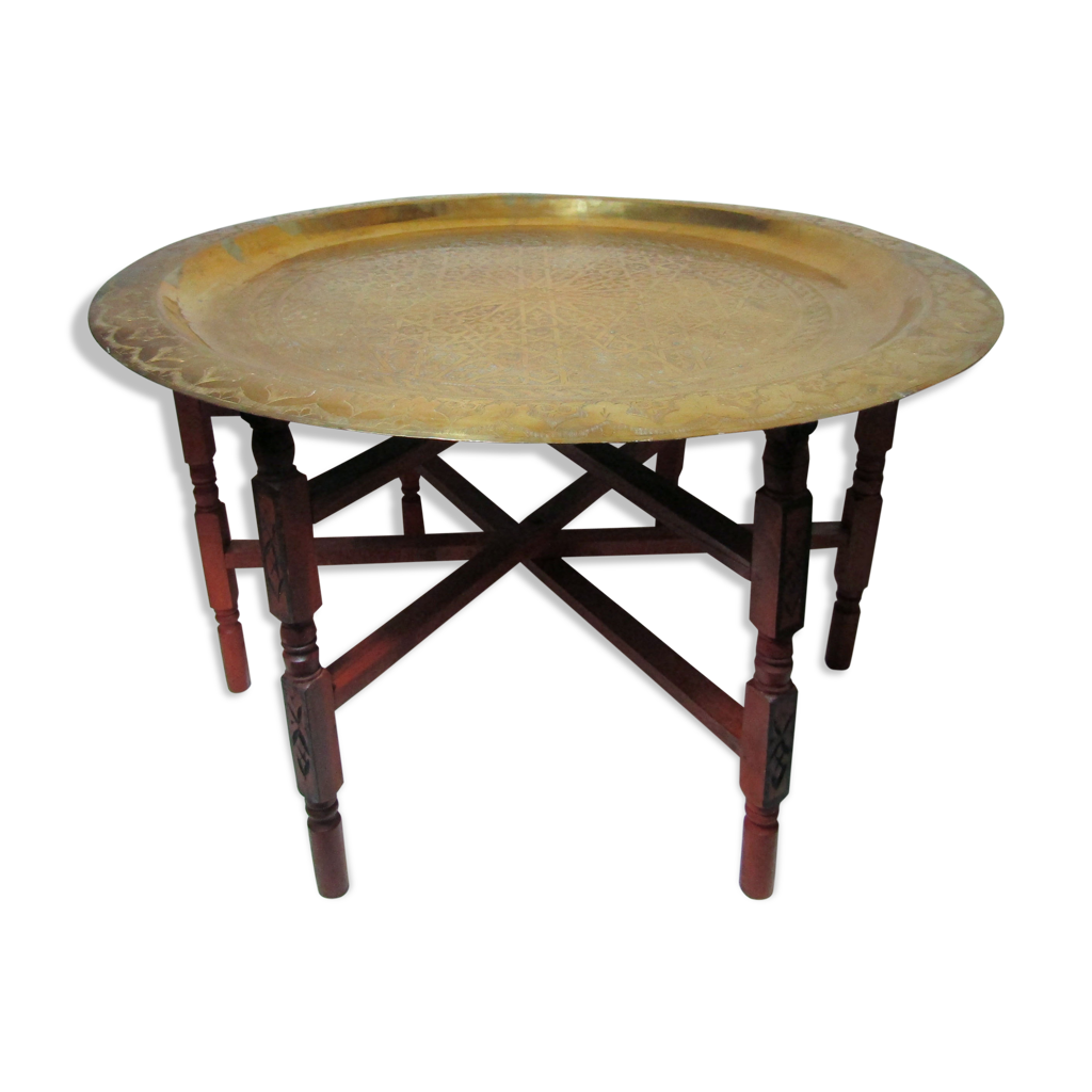 Table basse orientale plateau marocain laiton doré gravé 80cm ethnique | Selency