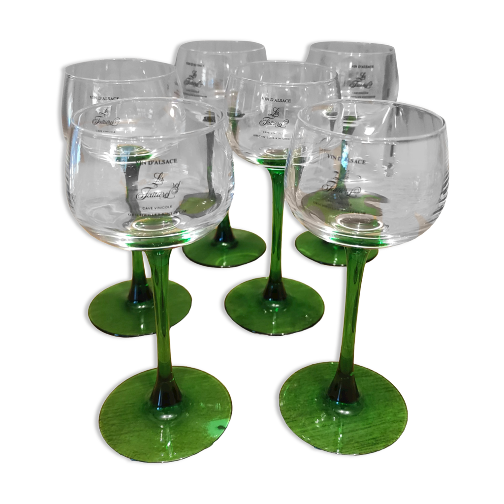 Série de 6 verres à vin blanc d'Alsace , pieds vert, marqués Les ...