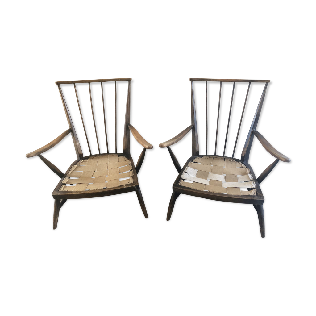 Paire de fauteuils éventail à barreaux France 60 | Selency