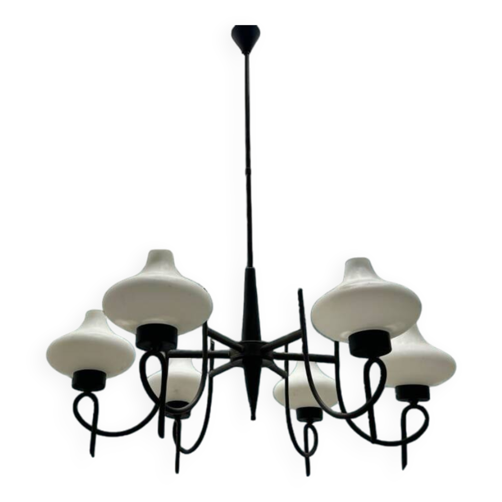 Lustre italien en verre opalin et bronze, années 1950 | Selency