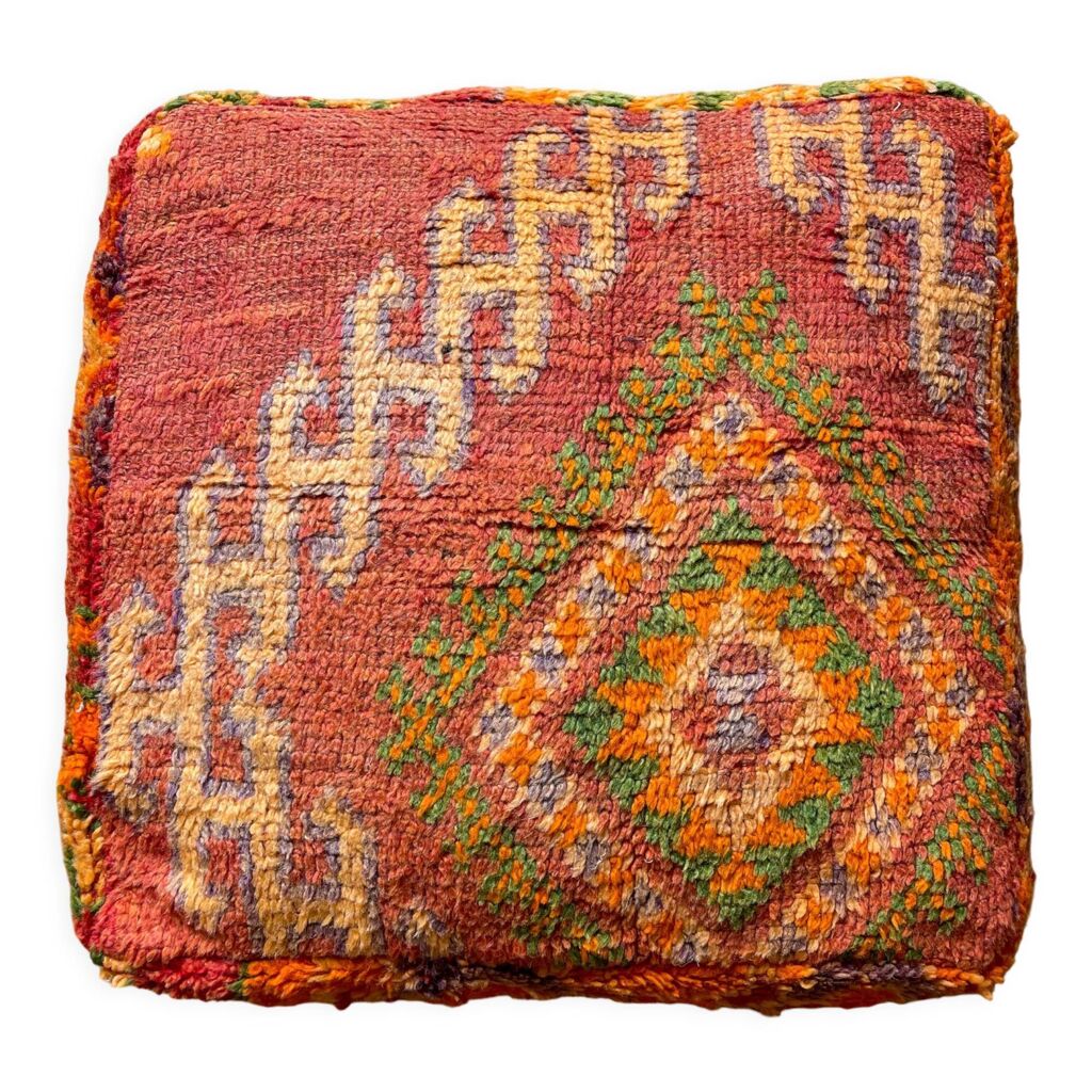 Pouf marocain berbère coloré terracotta orange et vert bohème | Selency