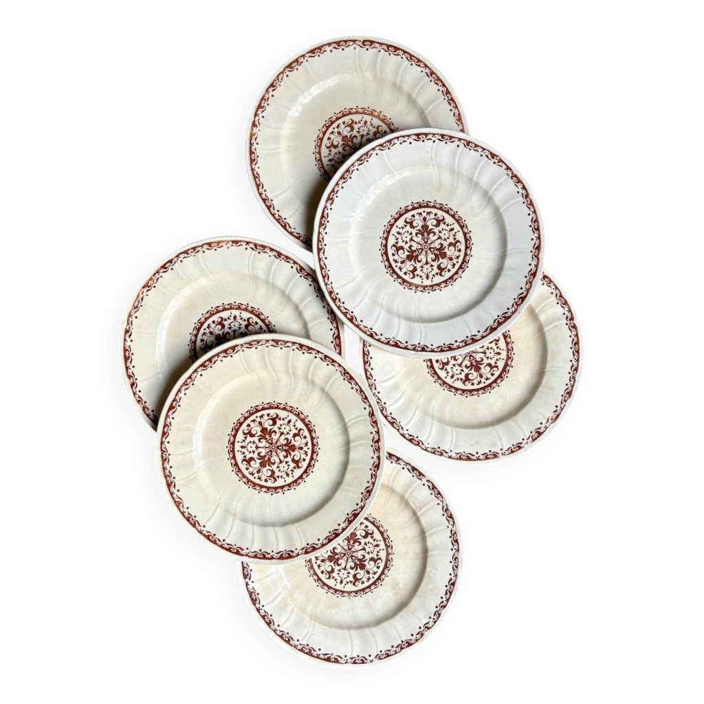 6 assiettes à entremet Gien en terre de fer écru et marron | Selency