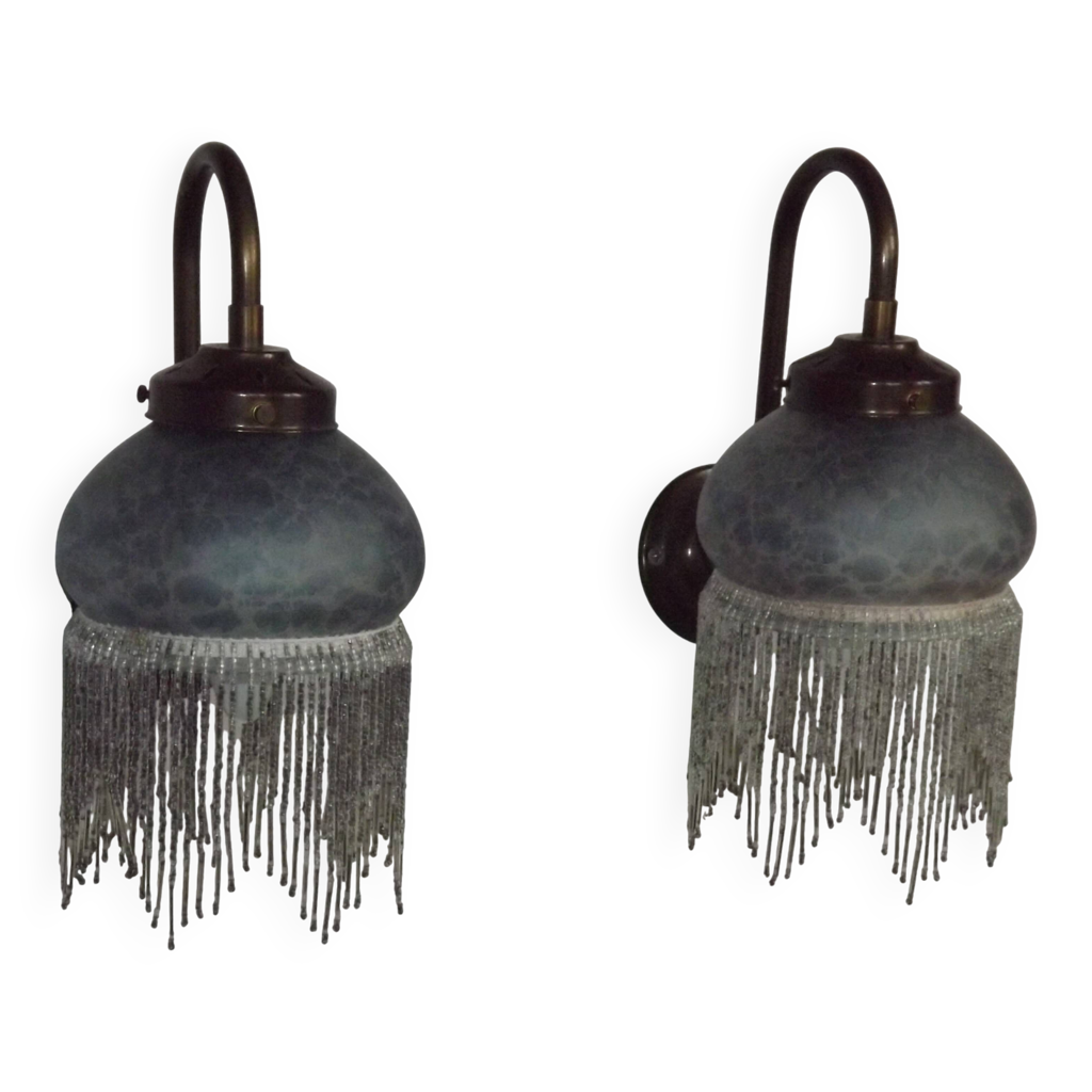 Pair French Vintage Mottled Glass Single Wall Lights Beaded Fringed ...