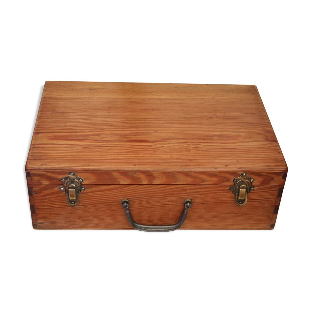 Valise en bois massif fermoirs laiton poignée métal et cuir | Selency