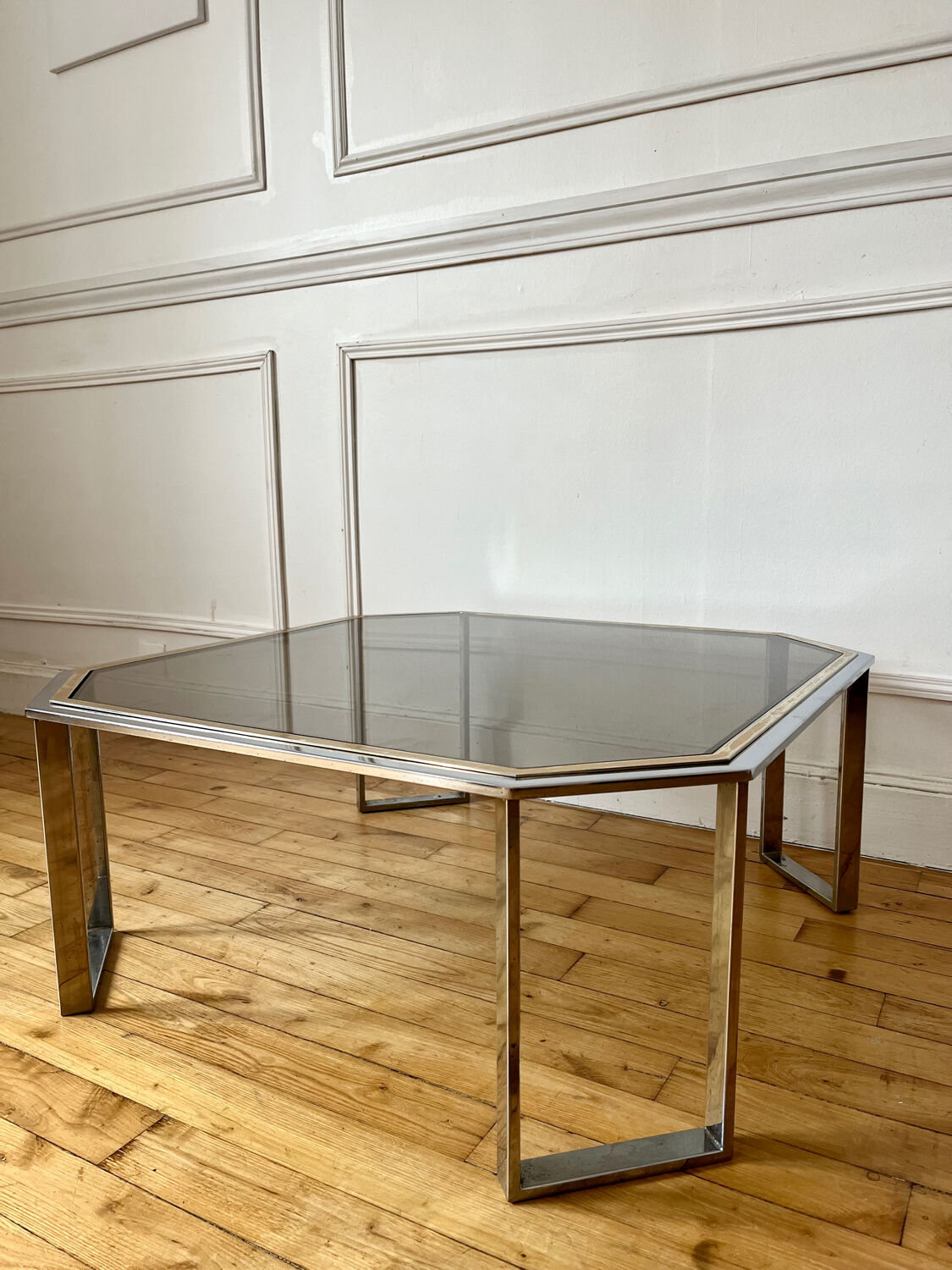 Table basse chrome et verre fumé | Selency