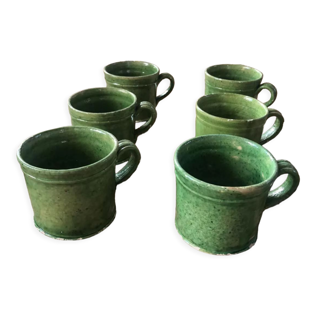 Tasses charentaise moque en terre cuite glaçure verte E Ledevant 1939 ...