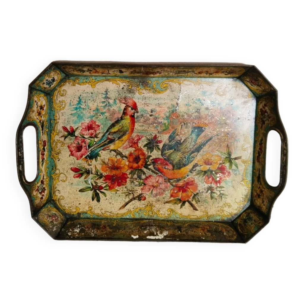 Plateau en tôle peinte Napoléon III , décor floral, antique français ...