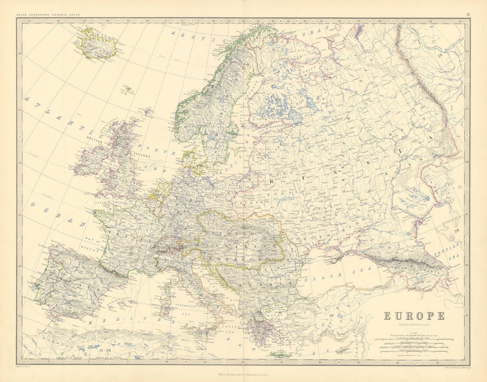 Antique Map of Europe circa 1869 Keith Johnston Royal Atlas Hand ...