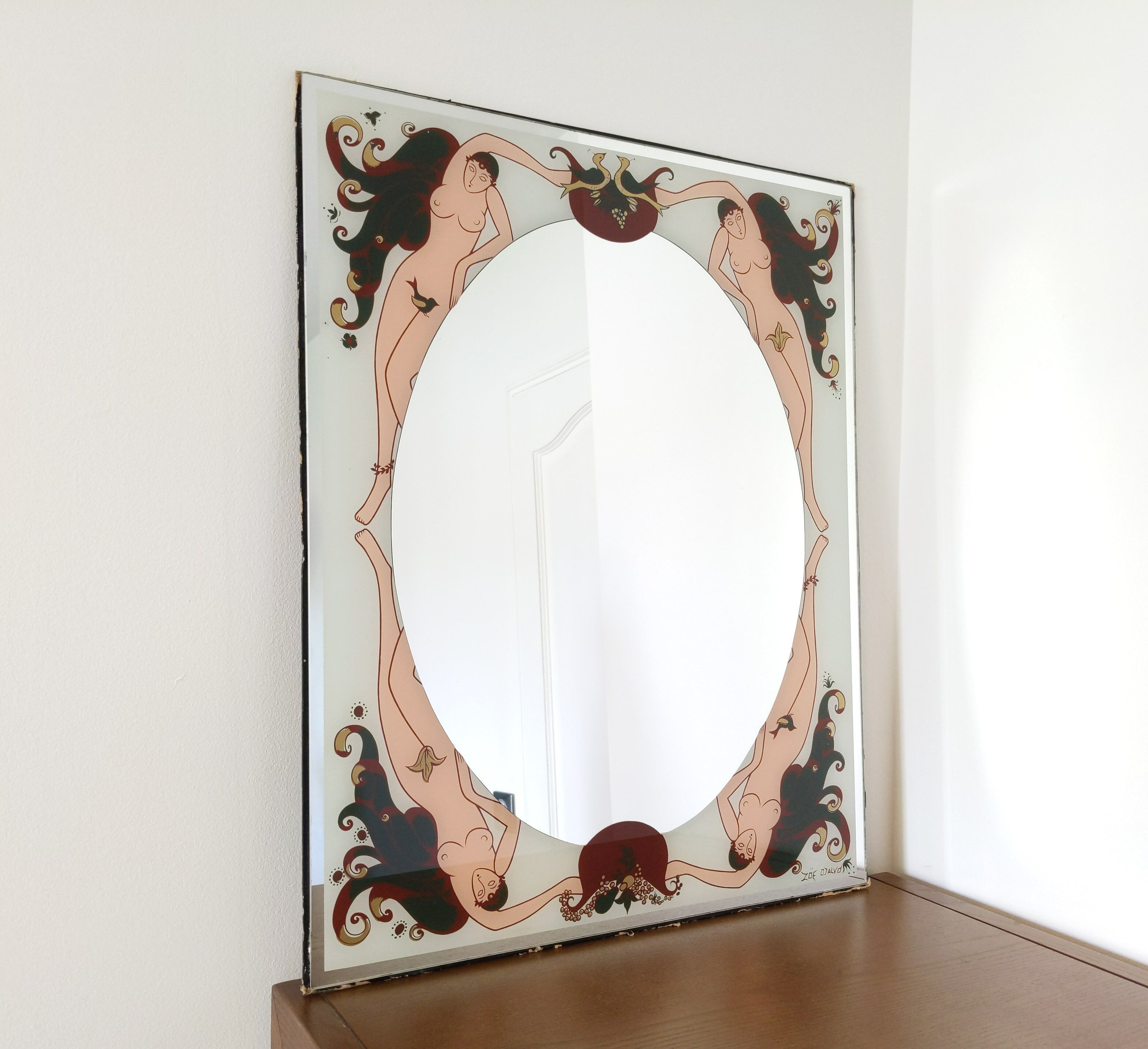 Art Deco style glass mirror, decorated upside down, with, signed Zoe ...