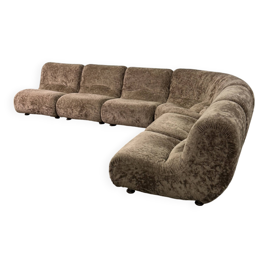 Canapé modulable vintage italien en velours beige à 6 éléments | Selency
