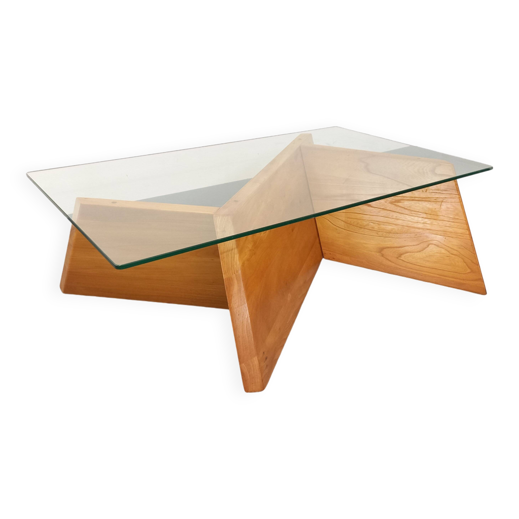 Table basse rectangulaire vintage en orme massif et verre des années 80 | Selency