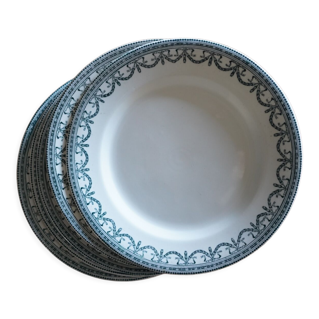 6 assiettes plates anciennes en faïence fine, terre de fer, modèle vert ...