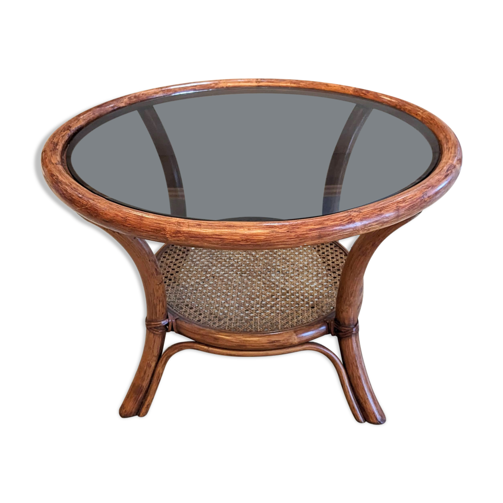 Table ronde vintage en rotin cannage et verre | Selency